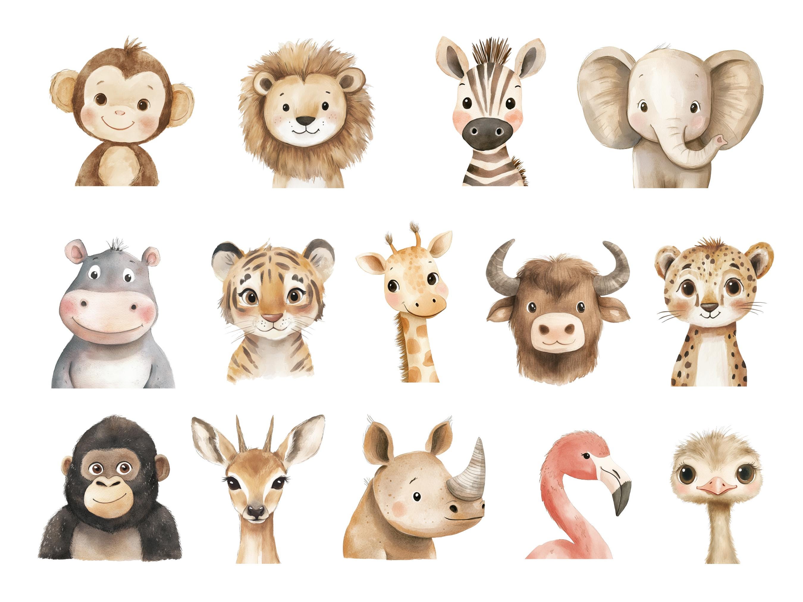 Boho Safari Clipart | Cute Jungle Animal Faces PNG | Watercolor Baby ...
