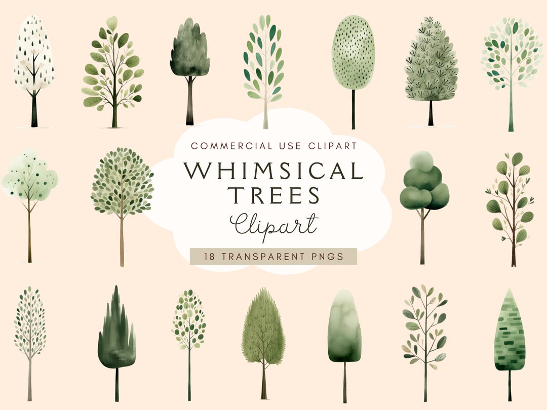 Watercolor Trees Clipart Whimsical Trees Clip Art Greeting Card Cute ...