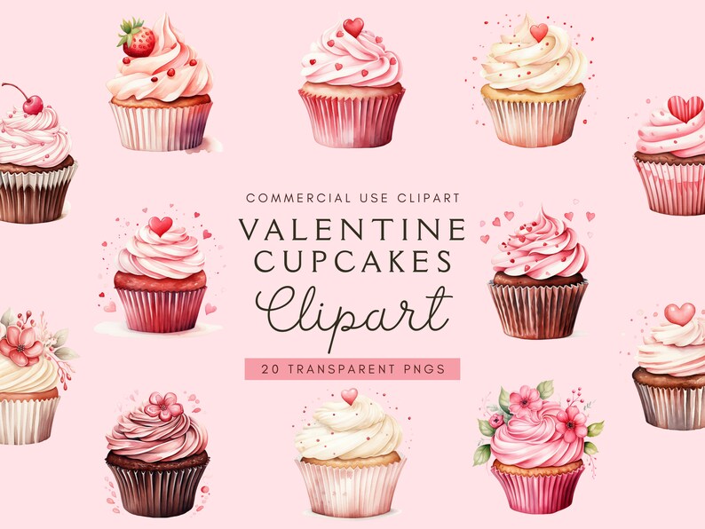 Valentine Cupcake Clipart Watercolor Valentines Cupcakes Clip Art Love ...