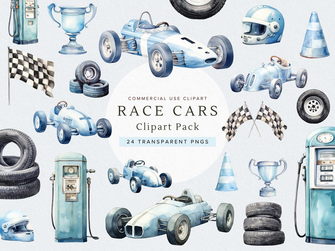 Retro Race Car Clipart | Blue Watercolor | Vehicle Clipart | Card ...