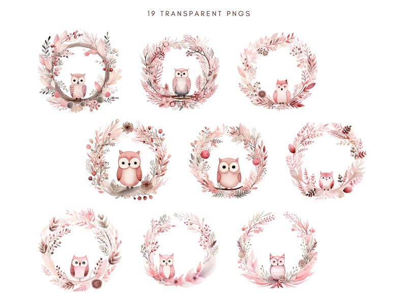 Boho Owls Wreath Clipart Ornaments Clipart Christmas Digital Art Pink ...