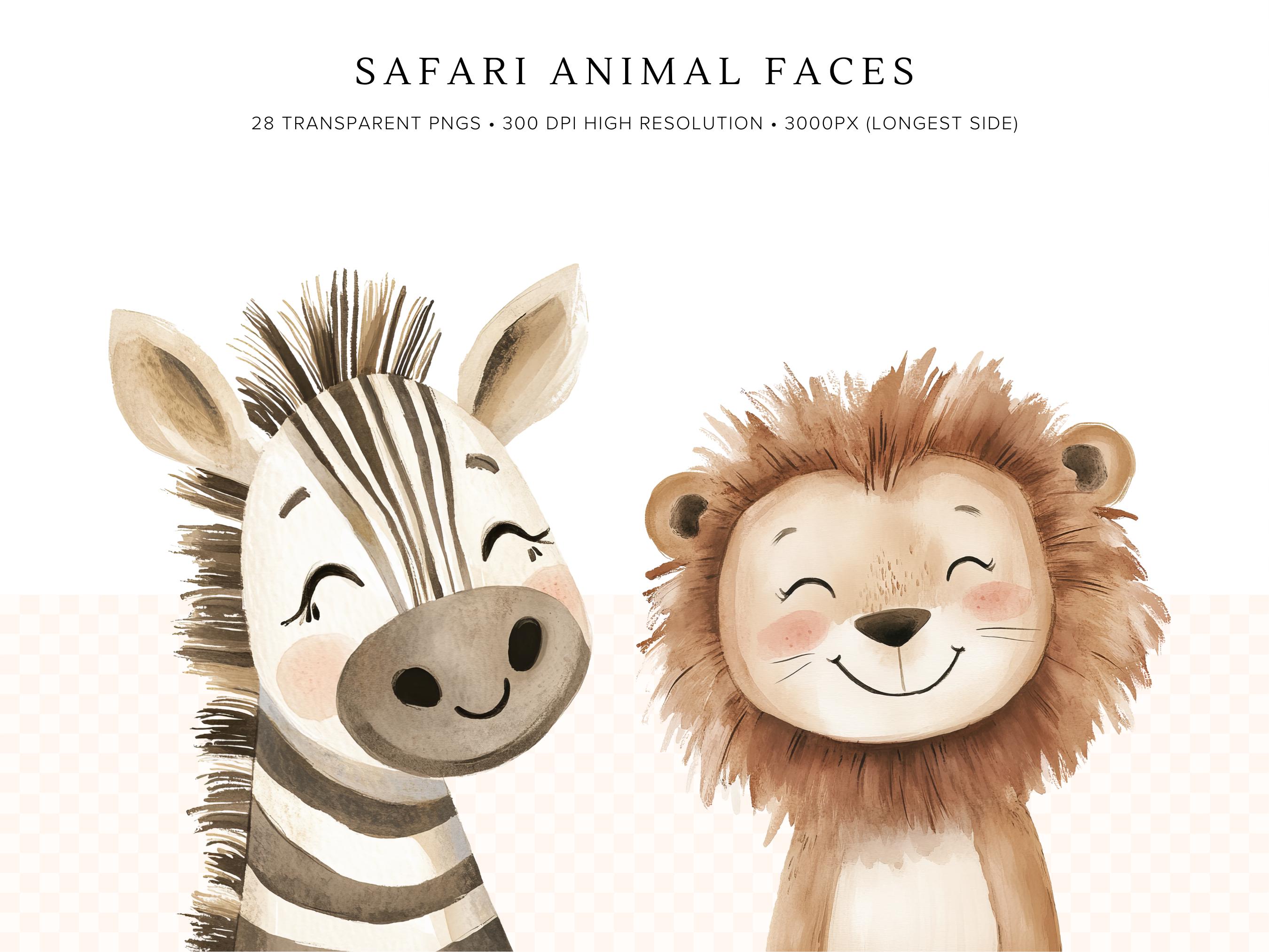 Boho Safari Clipart | Cute Jungle Animal Faces PNG | Watercolor Baby ...