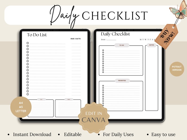 Daily Checklist to Do List Editable Printable Instant Download A4 A5 ...
