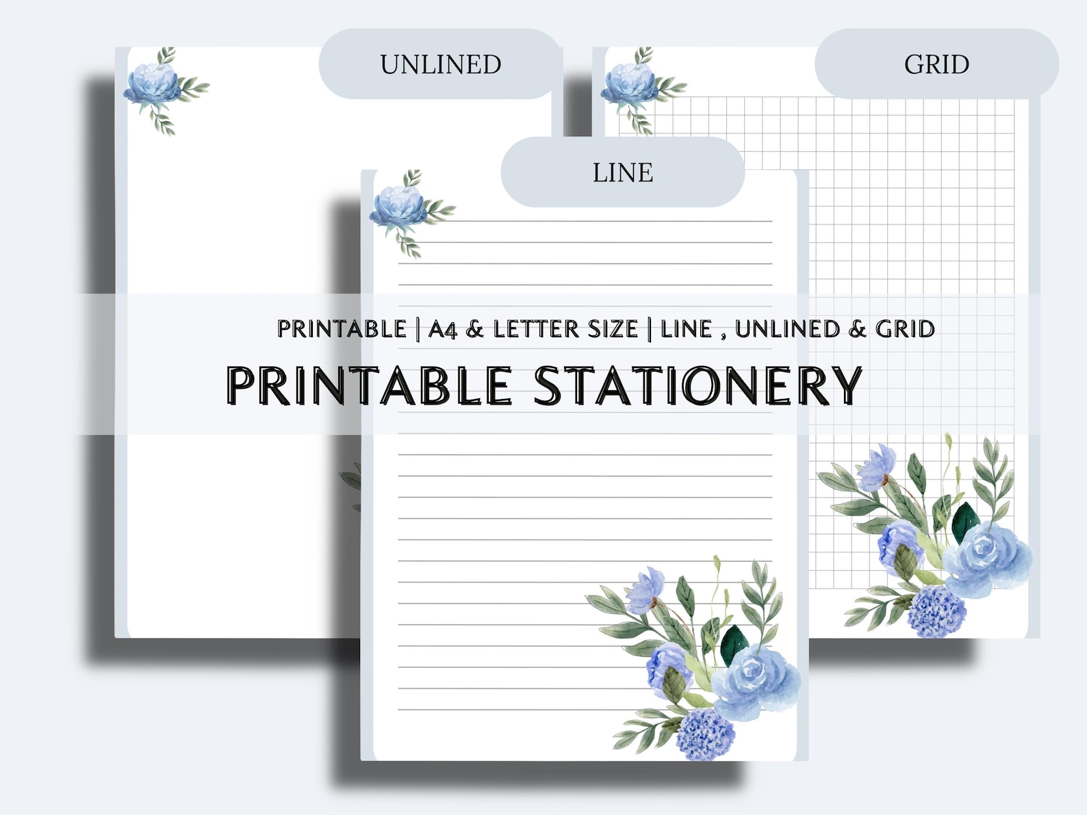 PRINTABLE Blue Flower Stationery, Printable Writing Paper, A4, Letter ...