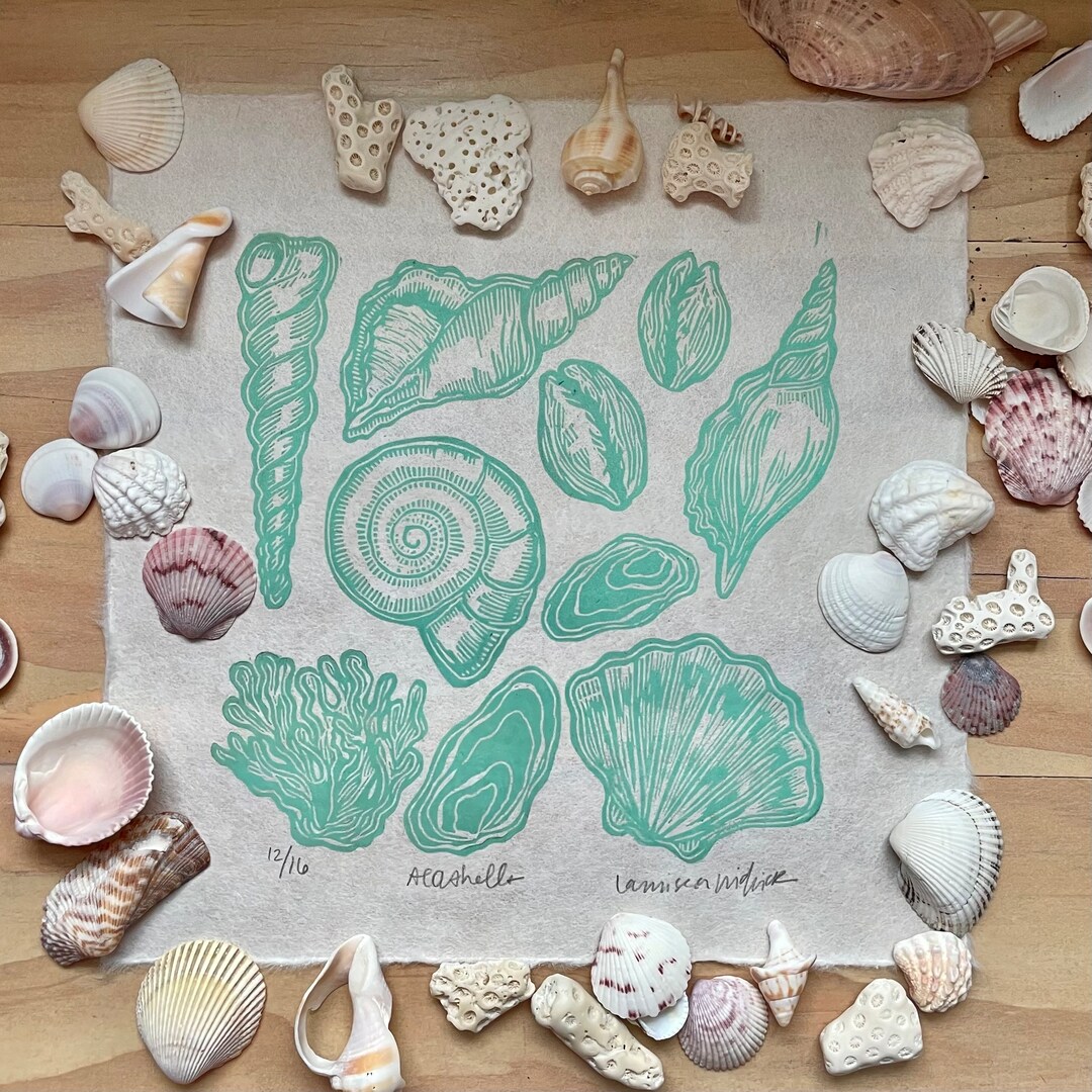 Seashells - Original Linocut Ocean Shell Themed Blockprint - Etsy