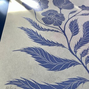 Poppies Handcarved Floral Blockprint on Mulberry Paper in Periwinkle ...