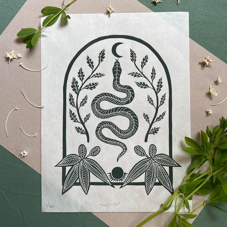 The Oracle Handcarved Snake Blockprint on Mulberry Paper Block Print - Etsy