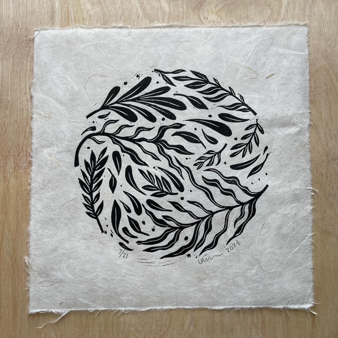 Floral Linocut - Original Linocut Block Print - Black on Natural Paper ...