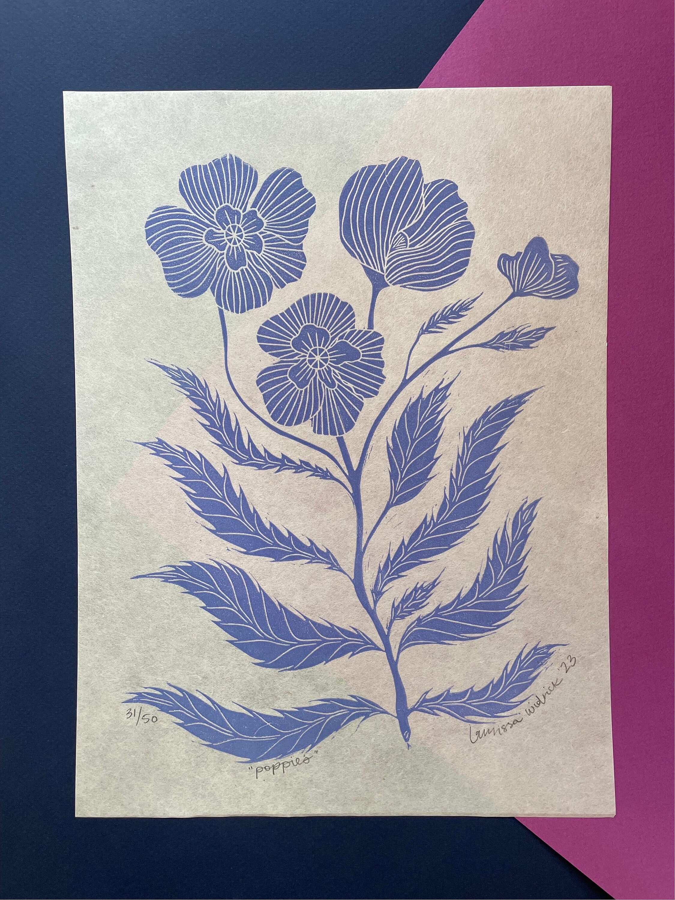 Poppies Handcarved Floral Blockprint on Mulberry Paper in Periwinkle ...