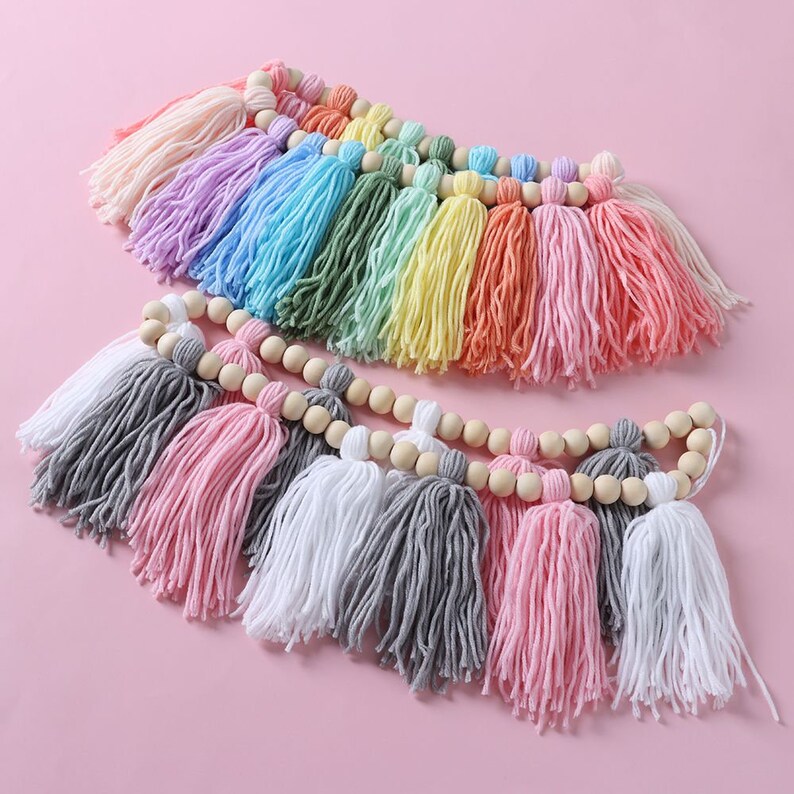Pink Gray Wood Beads Fluff Thread Ball String Pastel Banner Tassel Wall ...