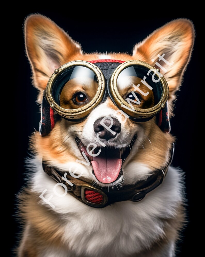 Corgi Digital Portrait, Wearing Pilot Googles, Cute Artistic Modern and ...