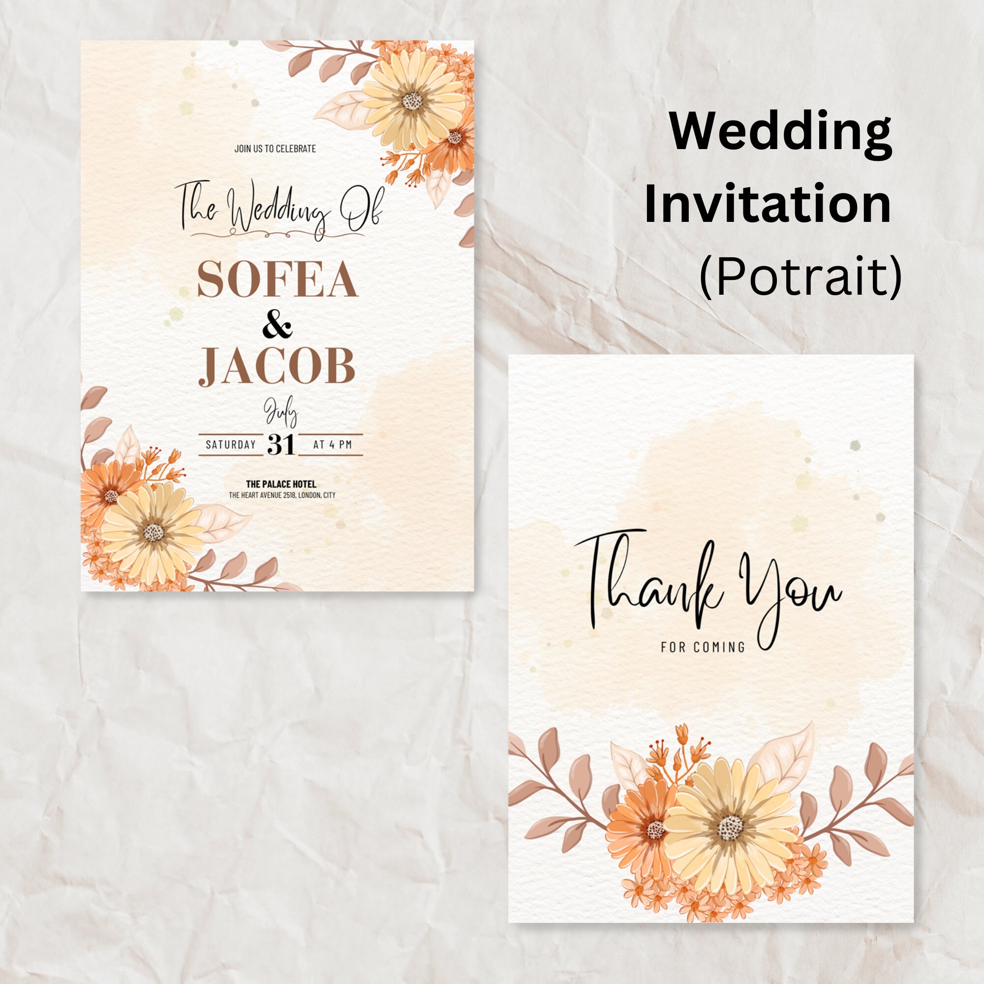 Summer Wedding Invitation | Printable Wedding Invites Template | Orange ...