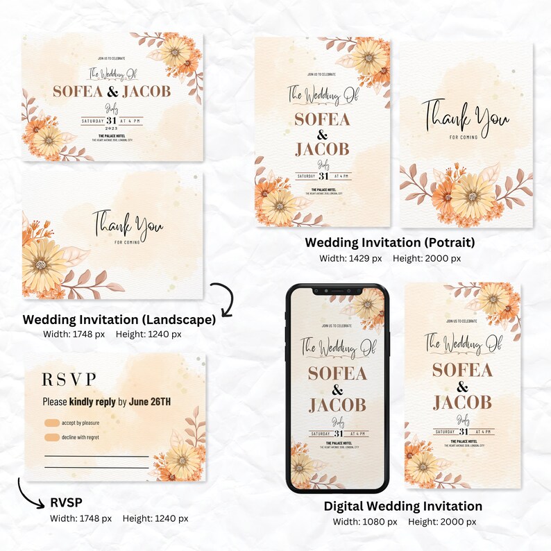 Summer Wedding Invitation | Printable Wedding Invites Template | Orange ...