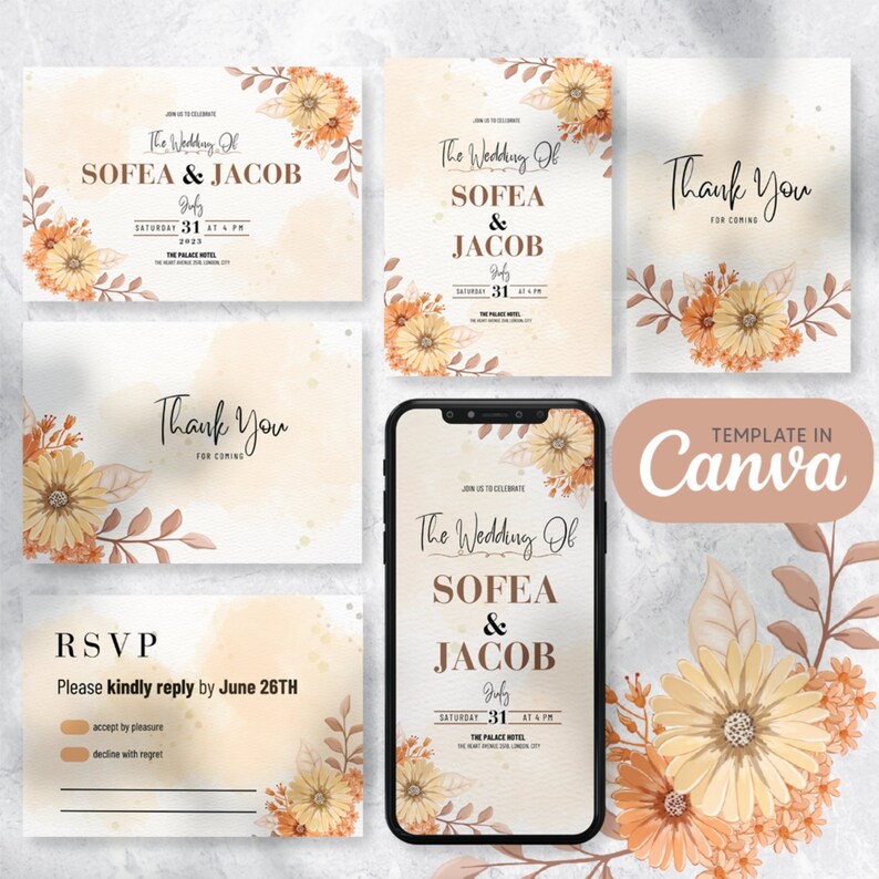 Summer Wedding Invitation | Printable Wedding Invites Template | Orange ...