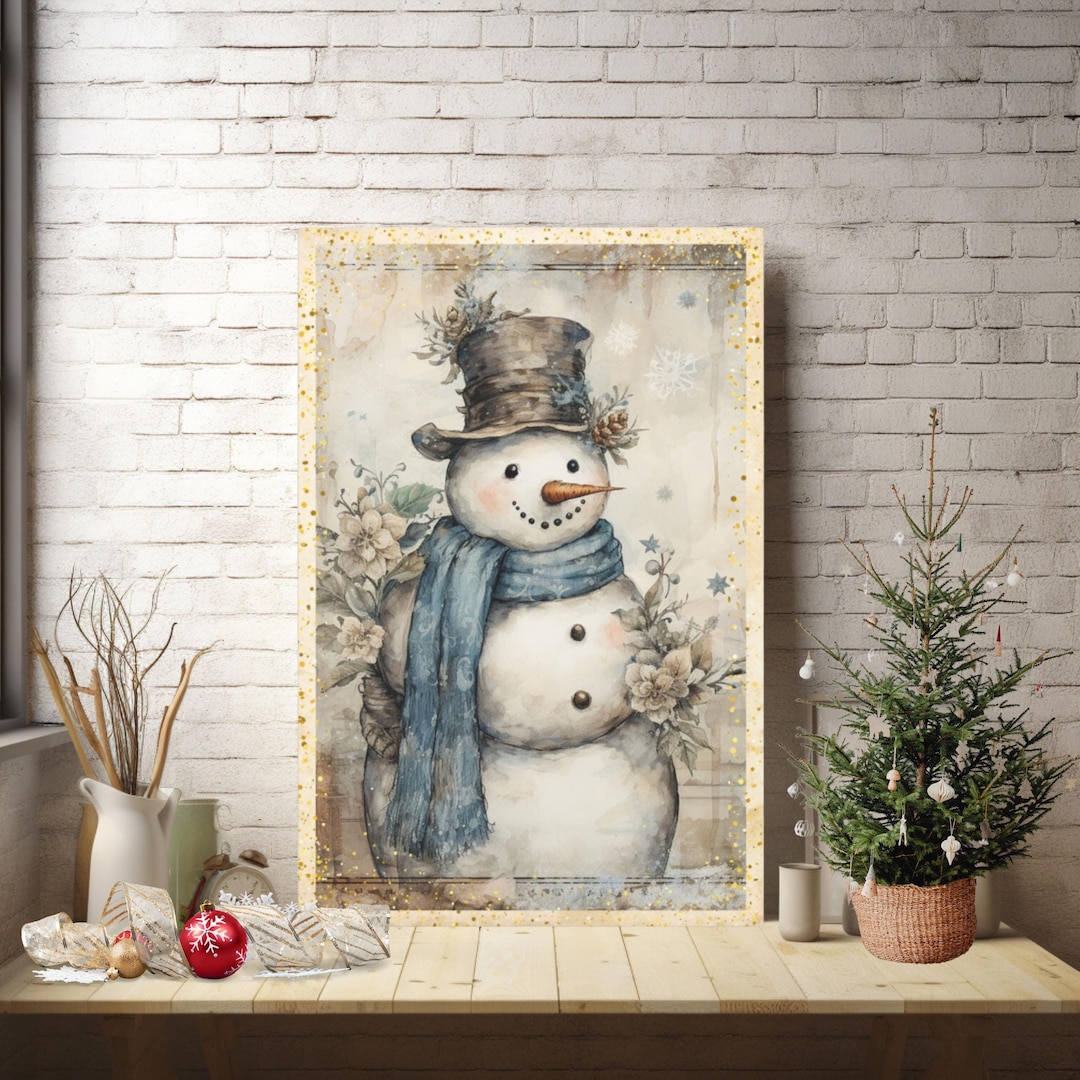 Snowman Canvas Christmas Print, Vintage Christmas Decor, Snowman ...