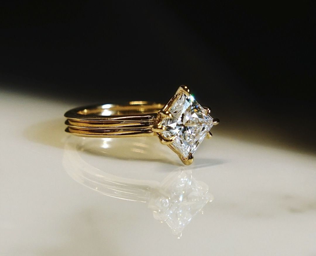 14K Solid Gold Kite Set Princess Cut Moissanite Solitaire Engagement ...