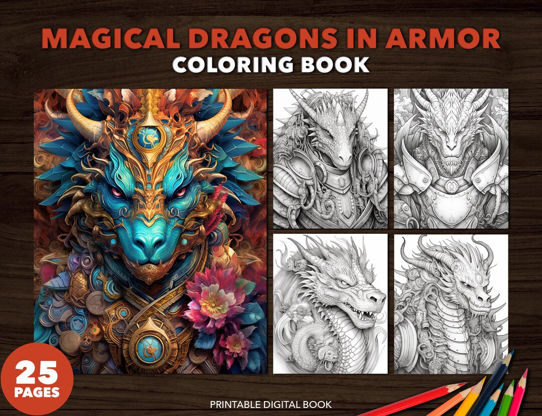 25 Magical Dragons in Armor Coloring Page Book, Adults Kids Instant ...