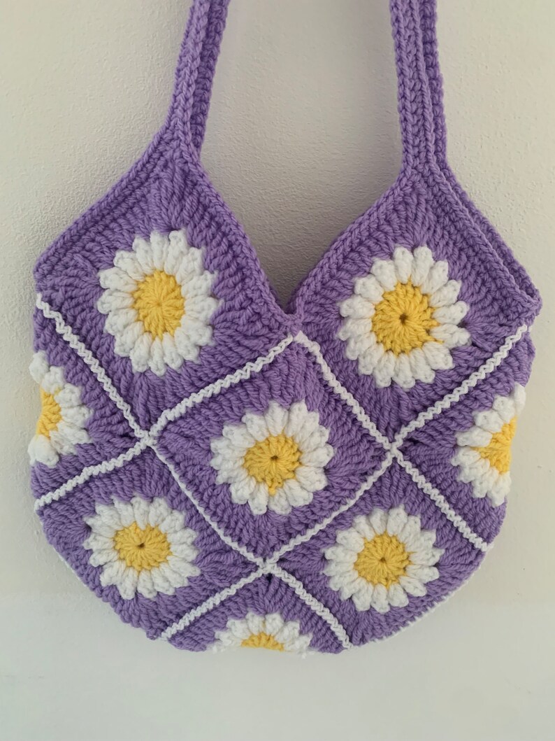 Crochet Daisy Granny Square Bag: Handmade Purple Floral Tote - Etsy
