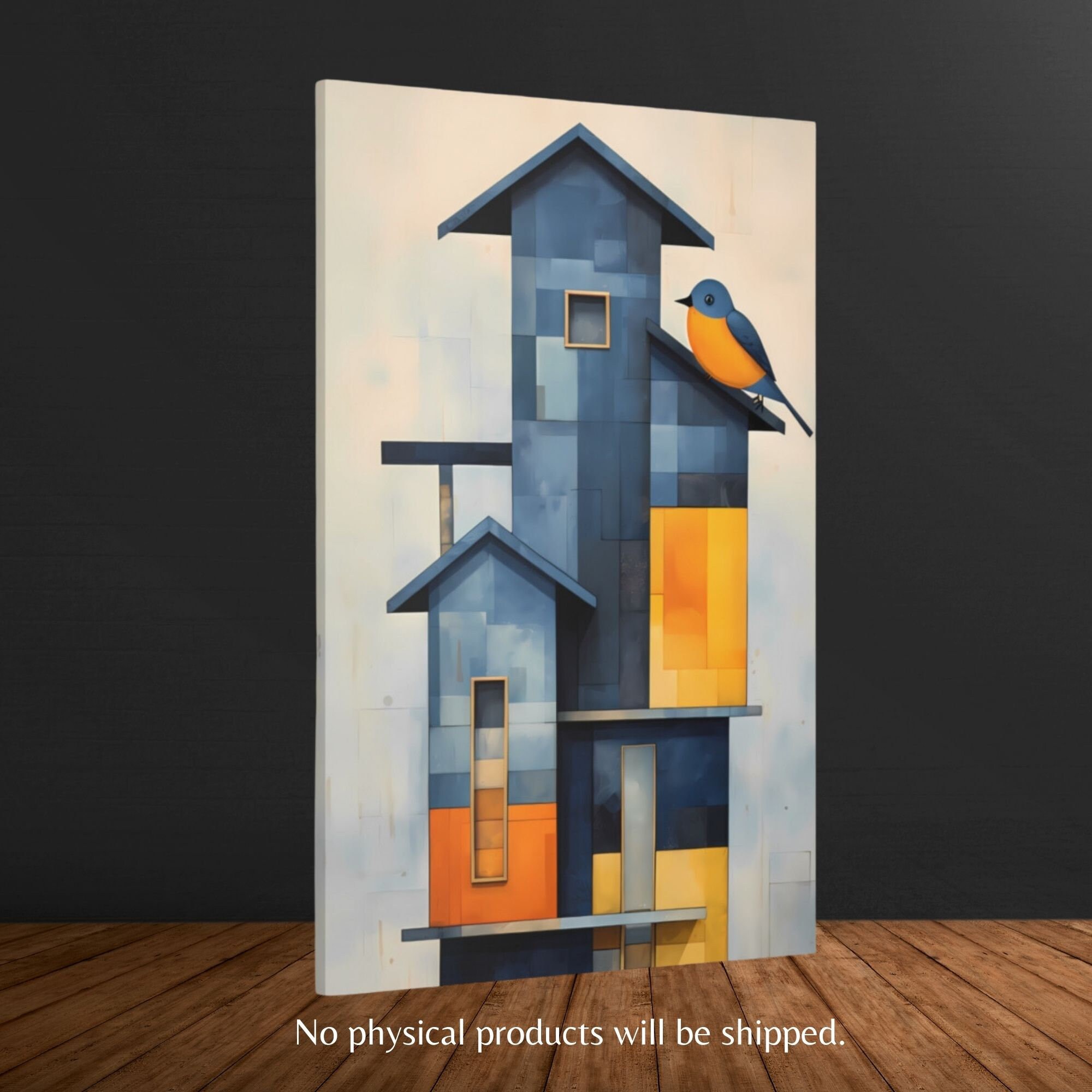 Blue and Yellow Birdhouse Tall Narrow Wall Art, Large Wall Art, Canvas ...