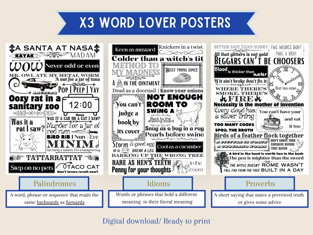 X3 Word Lover Posters Palindromes, Proverbs and Idioms, Unique Home ...