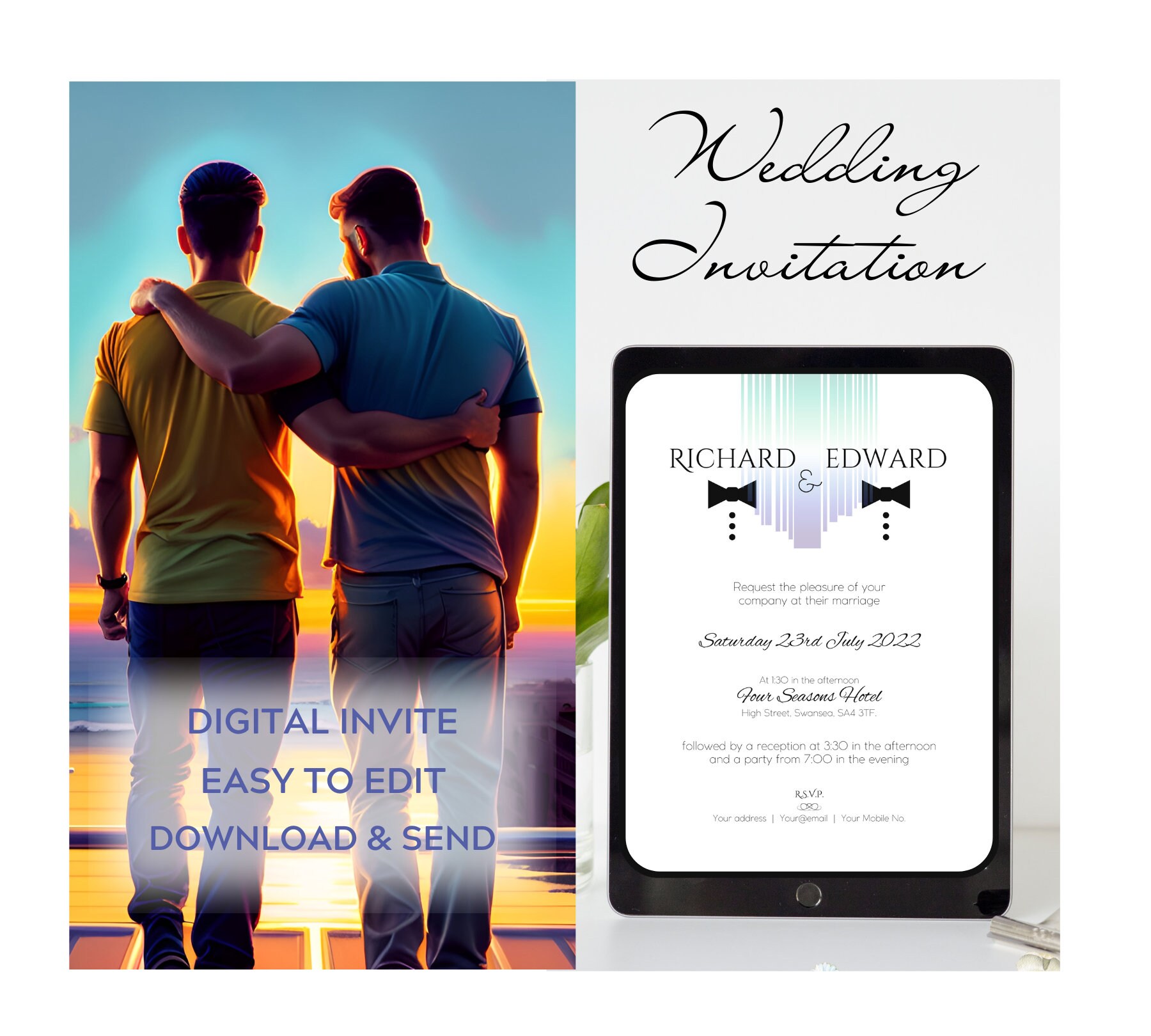 DIGITAL TEMPLATE - the Richard Printable Wedding Invitation With Bow ...