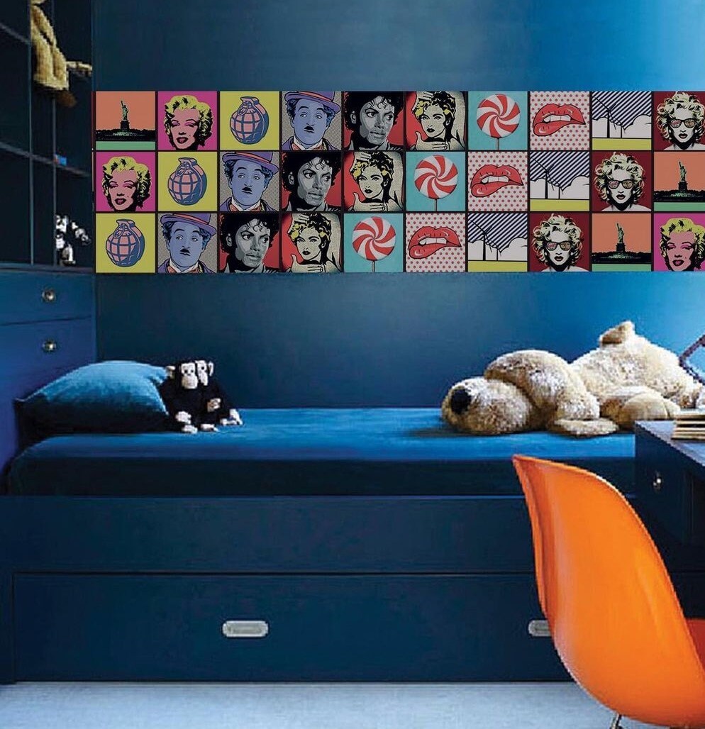 Pop Art Faces Tile Decal, Pop Art Removable Vinyl Mural, Retro Vinyl ...