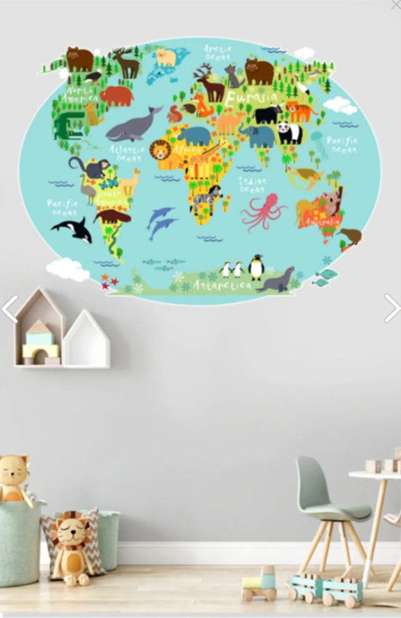 Nursery World Map, World Map for Kids, Kids Map Wall Art, Animal World ...