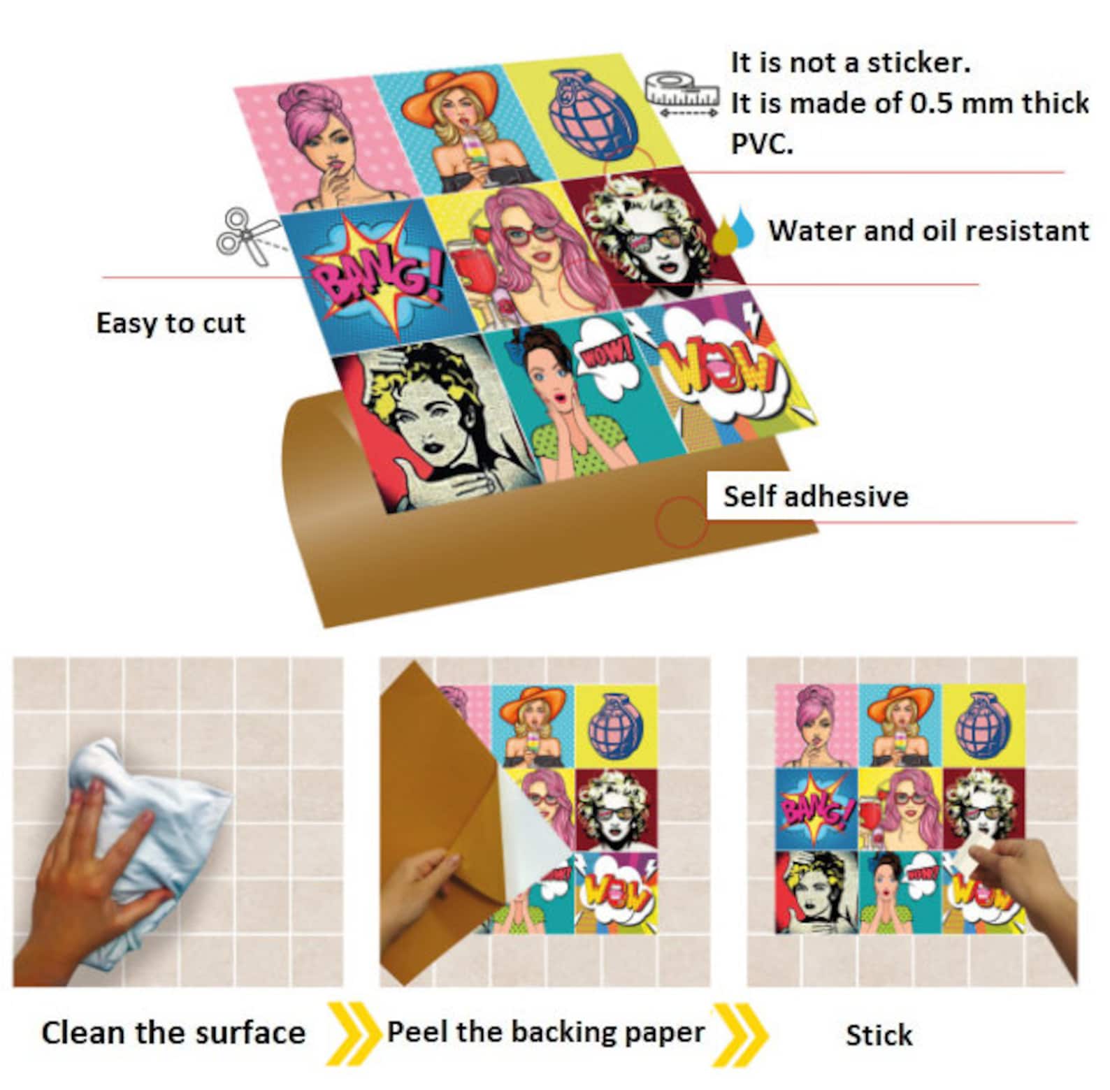 Pop Art Faces Tile Decal, Pop Art Removable Vinyl Mural, Retro Vinyl ...