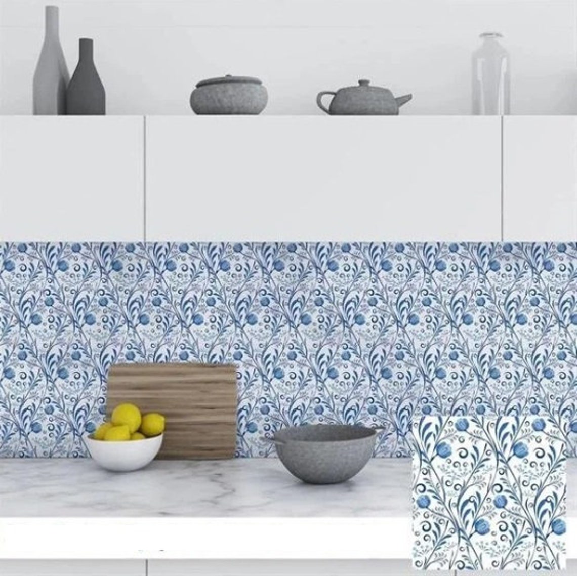 Blue Floral Vinyl Tiles, Flower Tile Decals, PVC Floor Tiles ...