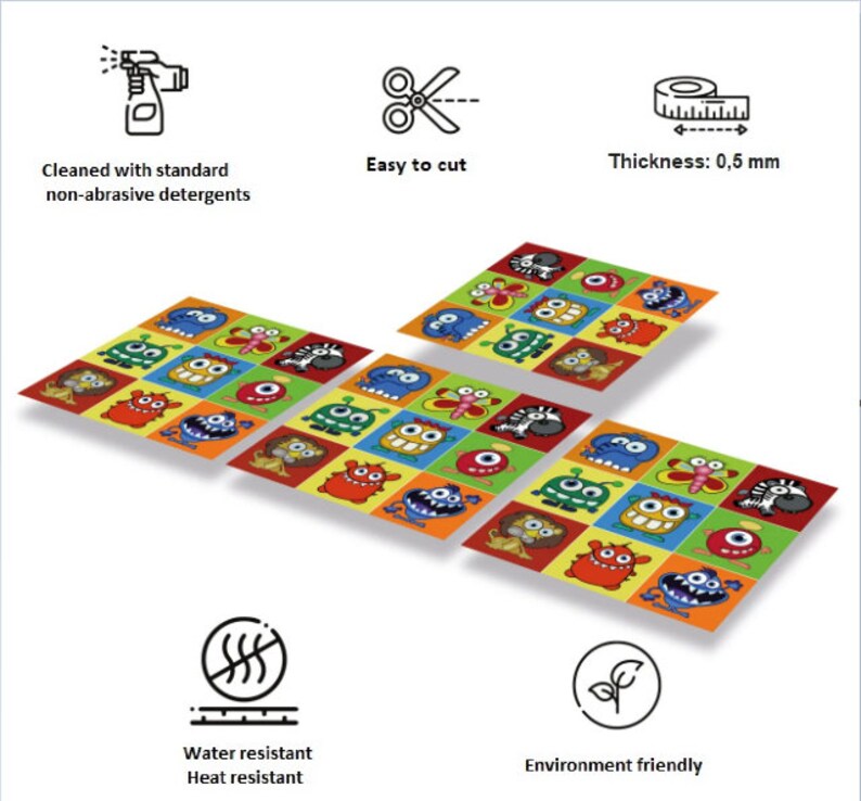 Vinyl Tiles for Kids Room, Monster Tile Stickers, Self Adhesive PVC ...