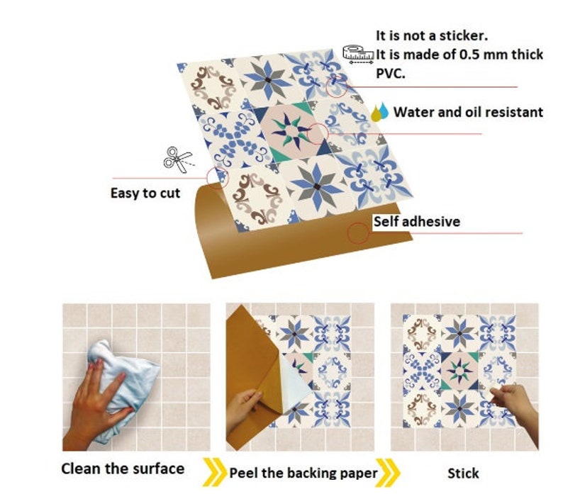 Azulejos Tile Decals, Blue Vinyl Stickers, PVC Floor Tiles, Peel and ...