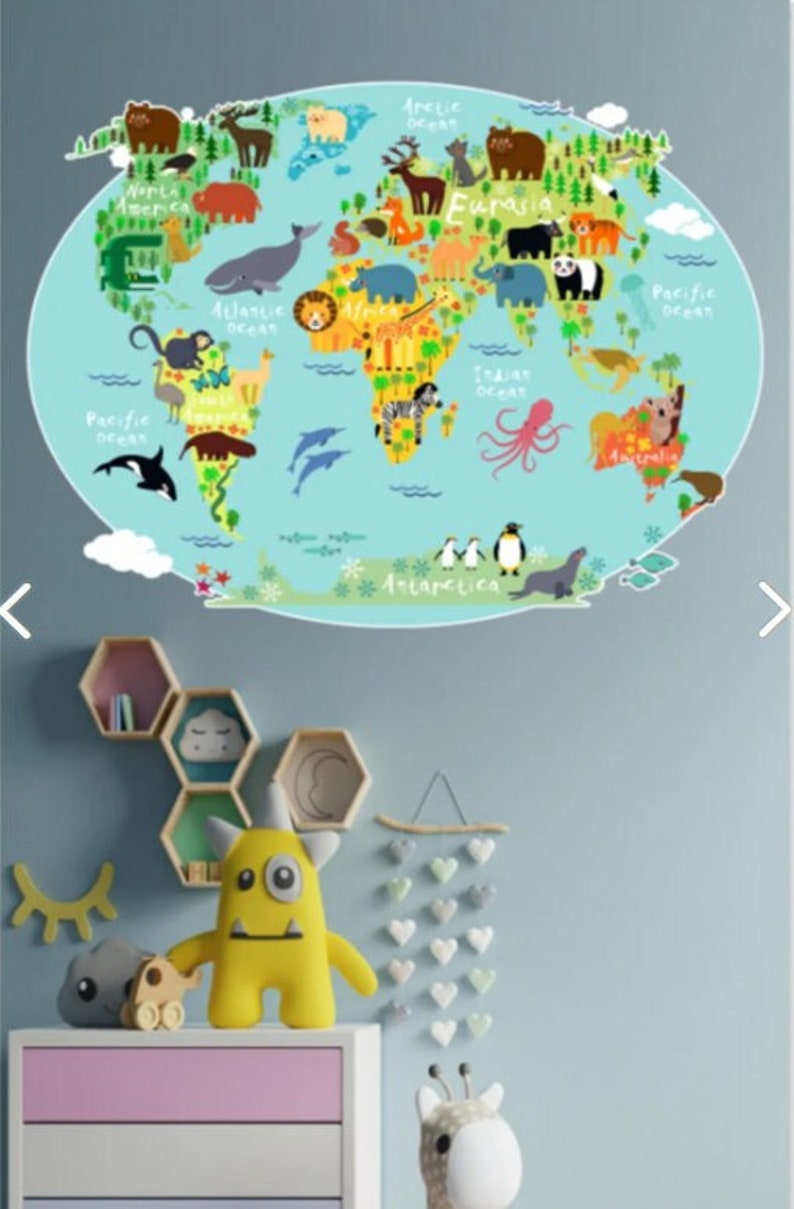 Nursery World Map, World Map for Kids, Kids Map Wall Art, Animal World ...