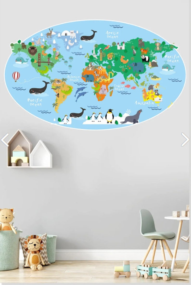 World Map for Kids, Nursery Map Decal, World Map Sticker, Animal World ...
