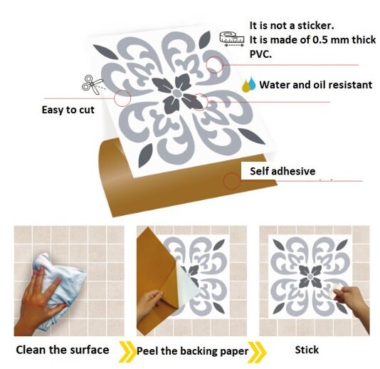 Gray Modern Tile Decals, PVC Floor Tiles, Removable Tile Stickers, Self ...