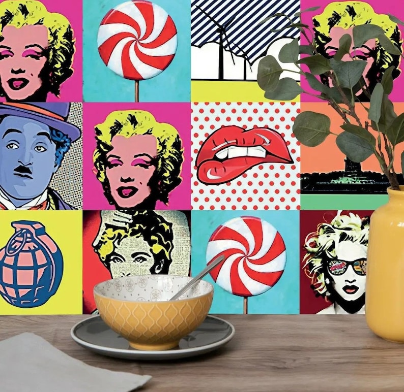 Pop Art Faces Tile Decal, Pop Art Removable Vinyl Mural, Retro Vinyl ...