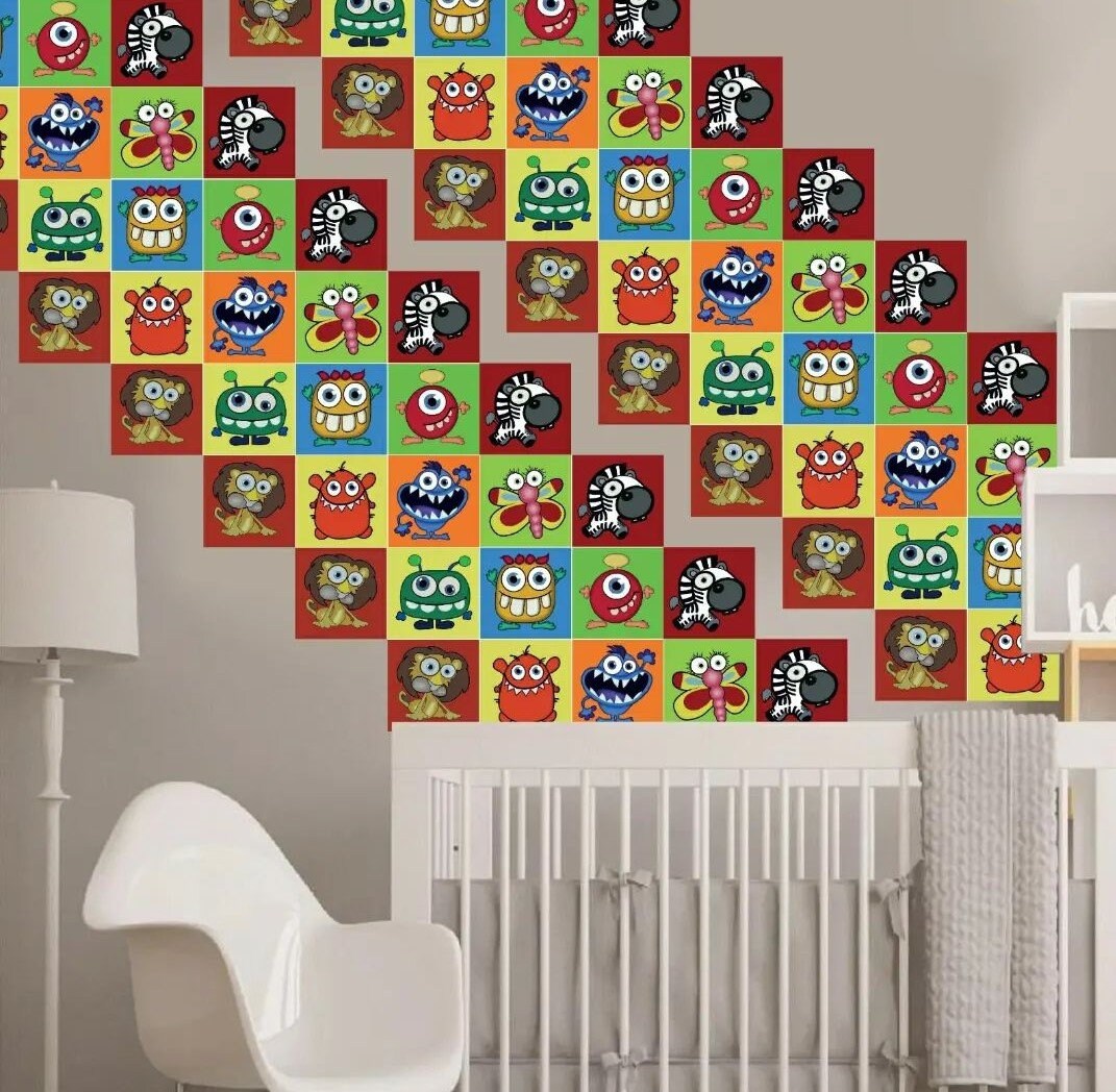 Vinyl Tiles for Kids Room, Monster Tile Stickers, Self Adhesive PVC ...