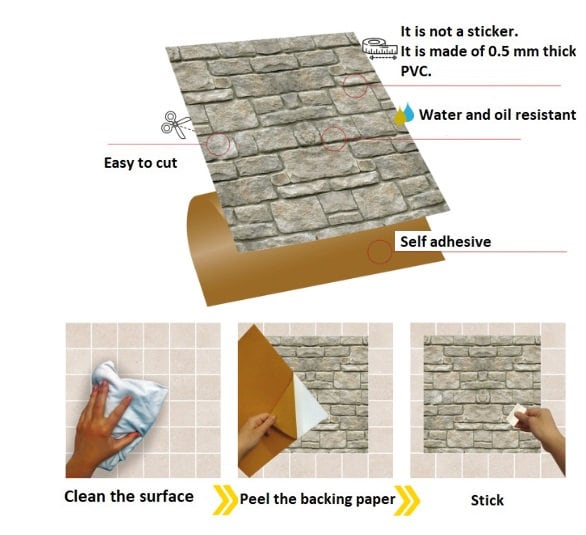 Brick Stone Effect Tile Decals, Vinyl PVC Flooring, Brick Tile Stickers ...