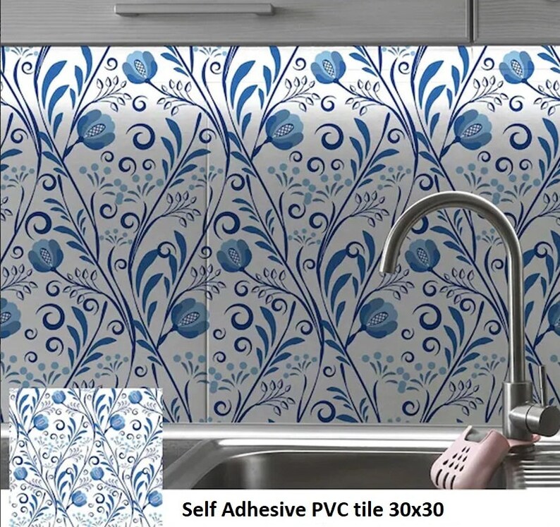 Blue Floral Vinyl Tiles, Flower Tile Decals, PVC Floor Tiles ...