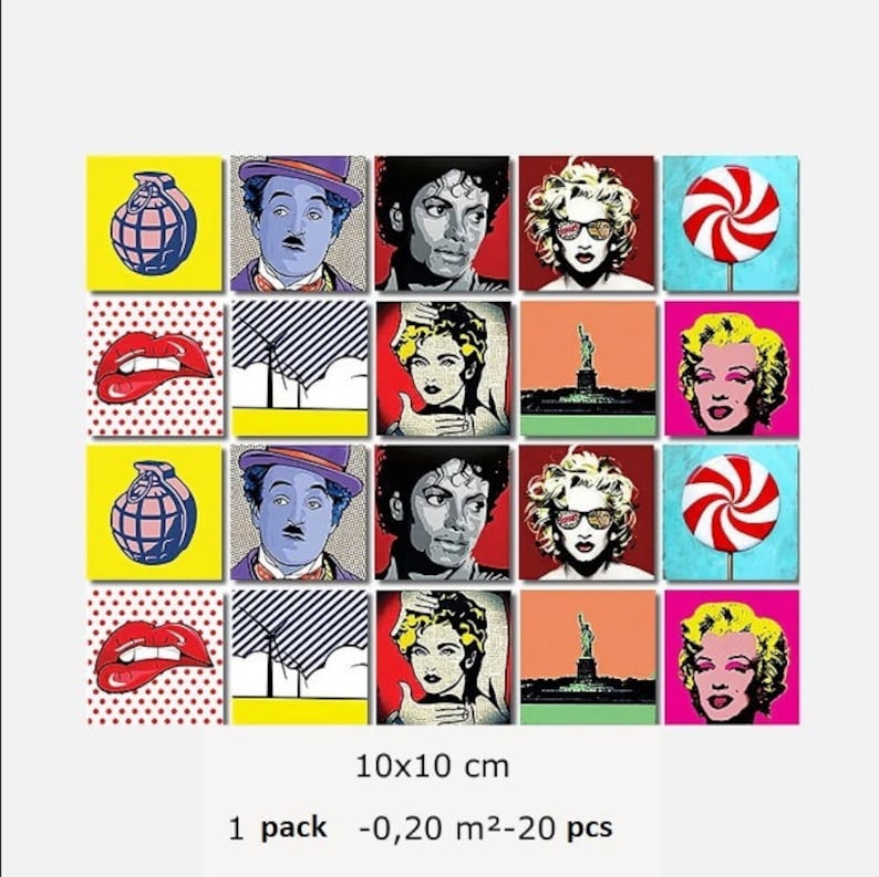 Pop Art Faces Tile Decal, Pop Art Removable Vinyl Mural, Retro Vinyl ...