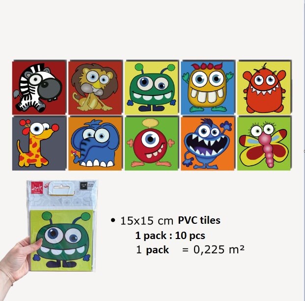 Vinyl Tiles for Kids Room, Monster Tile Stickers, Self Adhesive PVC ...