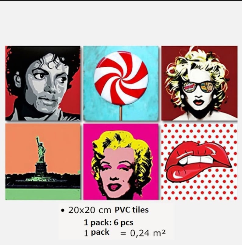 Pop Art Faces Tile Decal, Pop Art Removable Vinyl Mural, Retro Vinyl ...