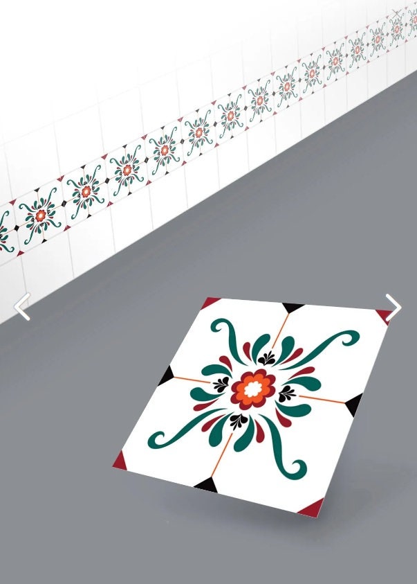 Green and Red Backsplash Tile Decals, Vintage Style Tile Stickers ...