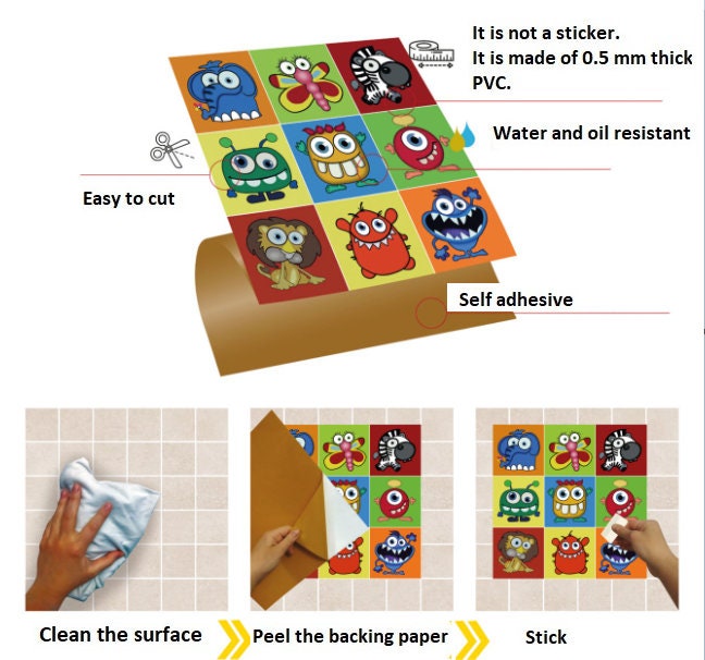 Vinyl Tiles for Kids Room, Monster Tile Stickers, Self Adhesive PVC ...