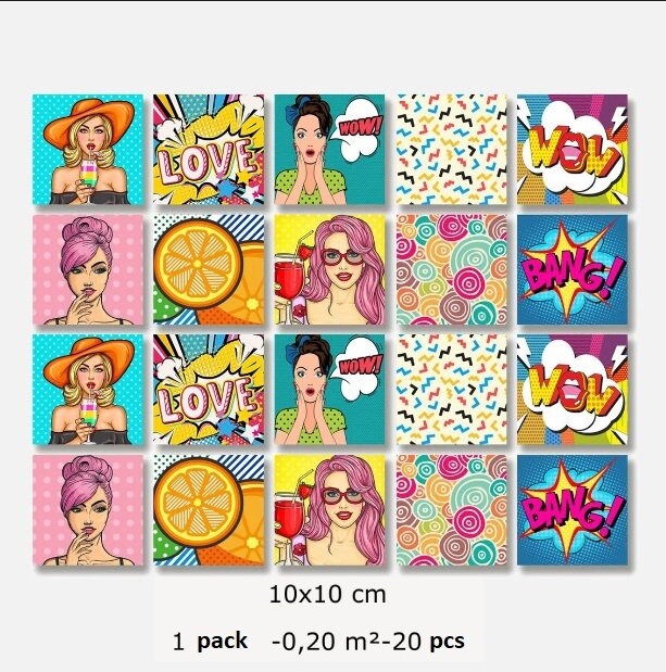 Pop Art Faces Tile Decal, Retro Vinyl Decal, Pop Art Removable Vinyl ...