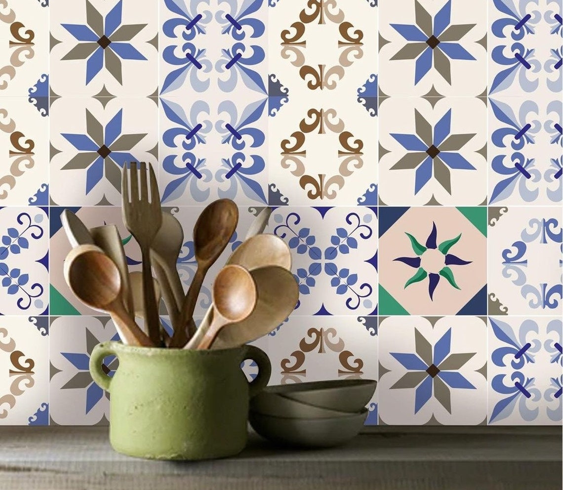 Azulejos Tile Decals, Blue Vinyl Stickers, PVC Floor Tiles, Peel and ...