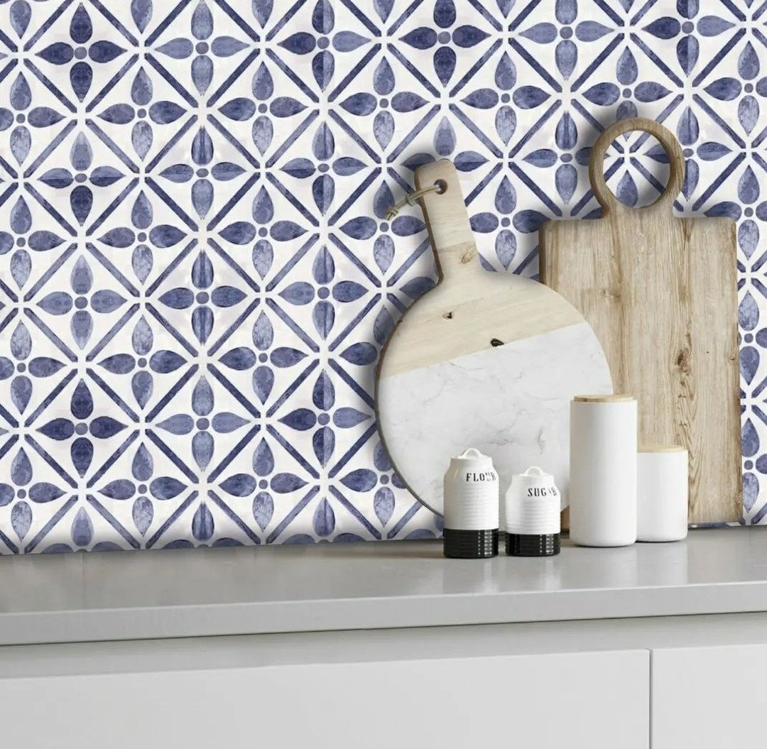 SAMPLE 30X30 Cm Blue Floral Vinyl Tile Stickers, Peel and Stick Floor ...