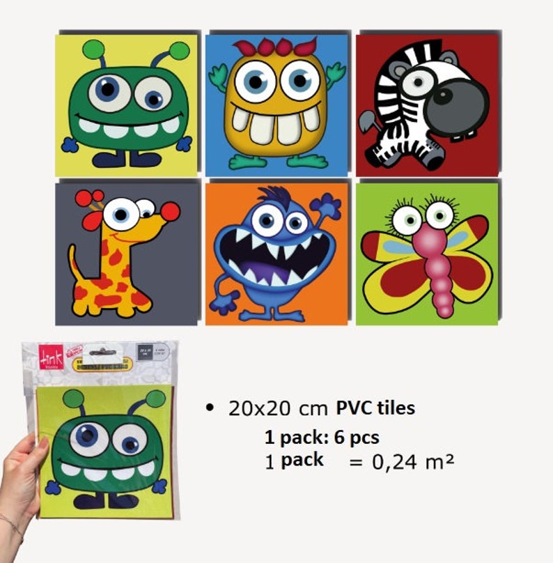 Vinyl Tiles for Kids Room, Monster Tile Stickers, Self Adhesive PVC ...