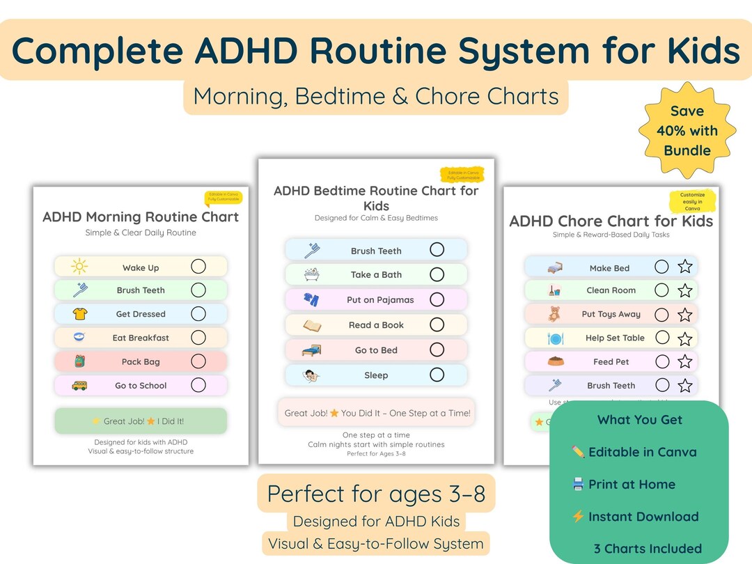 ADHD Routine Chart Bundle for Kids, Morning Bedtime Chore Chart, Visual ...