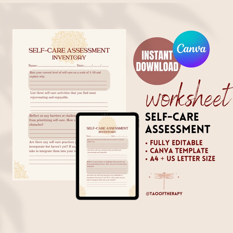 Self Care Assessment Worksheet Template Mental Health - Etsy
