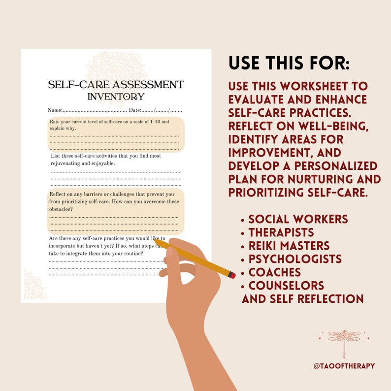 Selfcare Assessment Inventory Therapy Worksheet Mental Health Printable ...